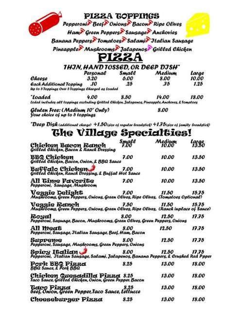 Village Pizza menu in Linden, Tennessee, USA