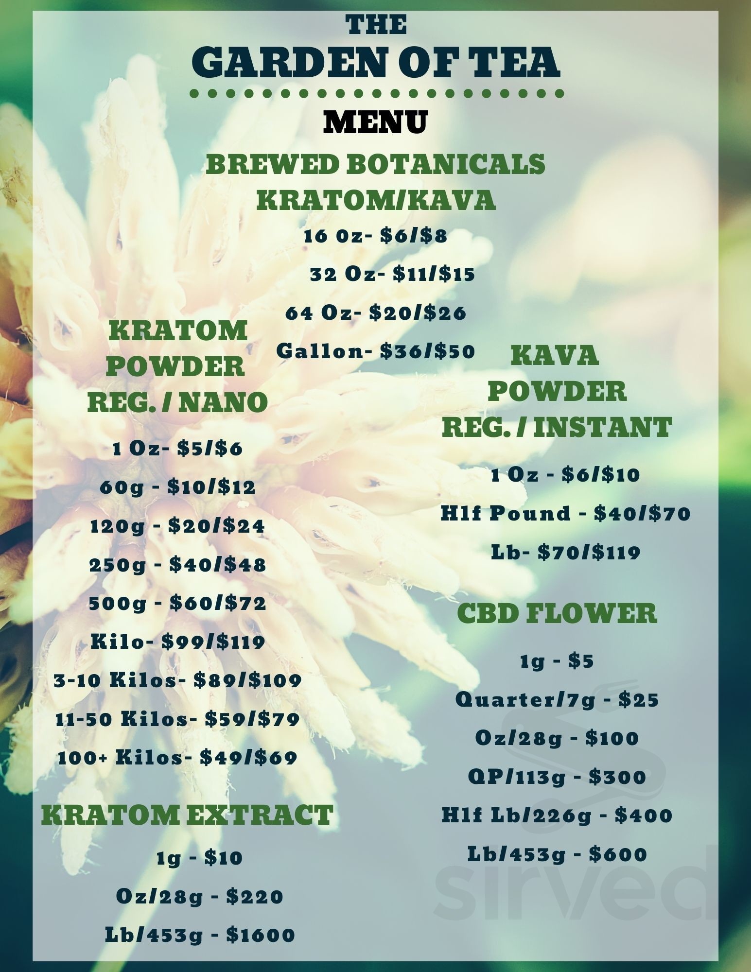 The Garden Of Tea Wholesale Kratom menu in Clearwater, Florida, USA