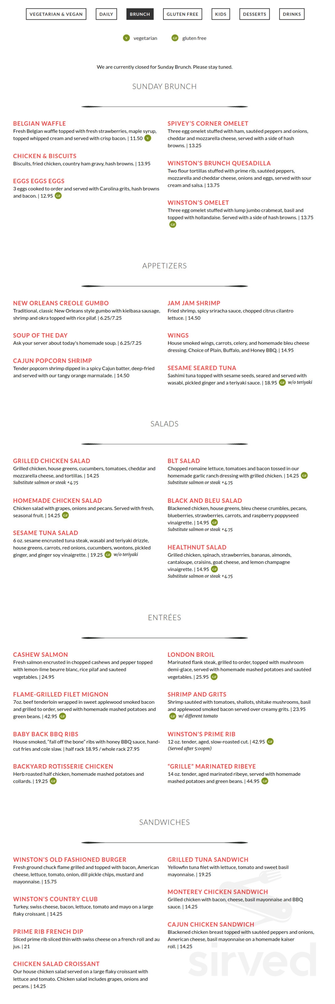 Winston's Grille menu in Raleigh, North Carolina, USA