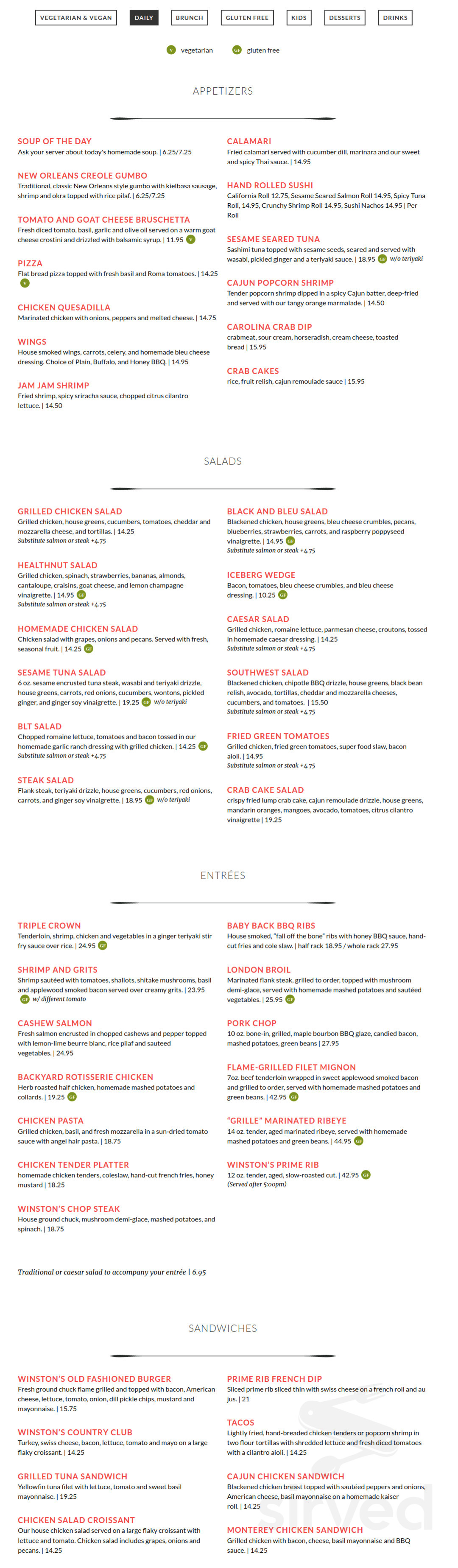 Winston's Grille menu in Raleigh, North Carolina, USA