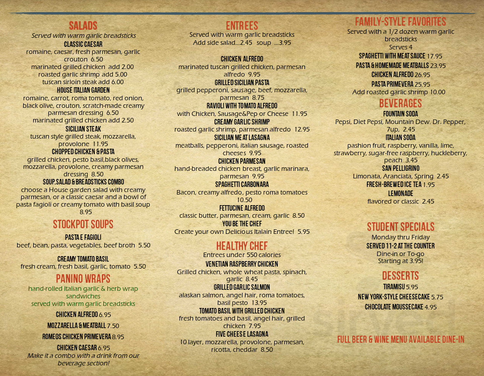 Romeo's Italian Kitchen menu in Missoula, Montana, USA