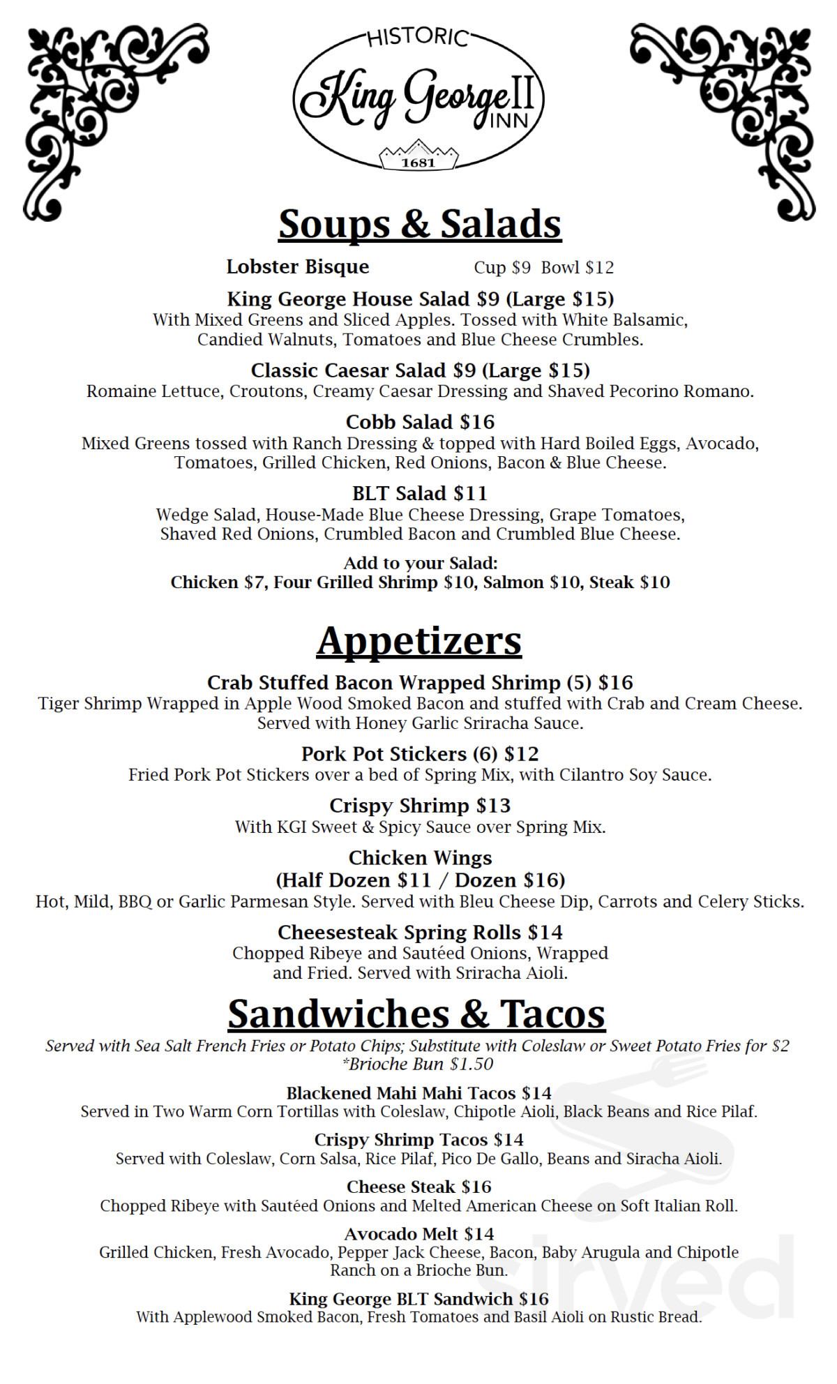 King George II Inn menus in Bristol, Pennsylvania, United States