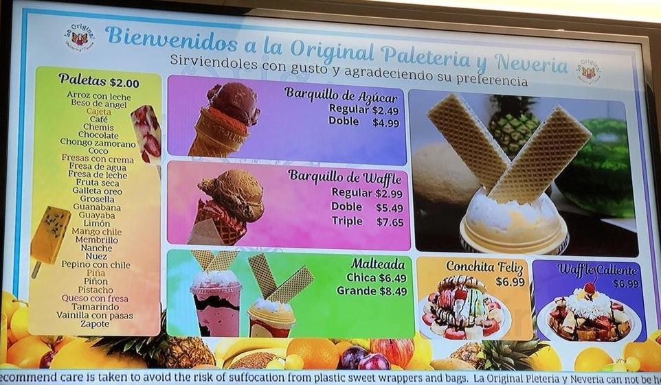 La Original Paleteria y Neveria menu in San Jose, California, USA