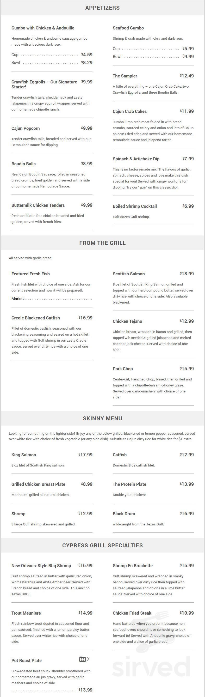 Menu - Austin TX's Cypress Grill | Sirved
