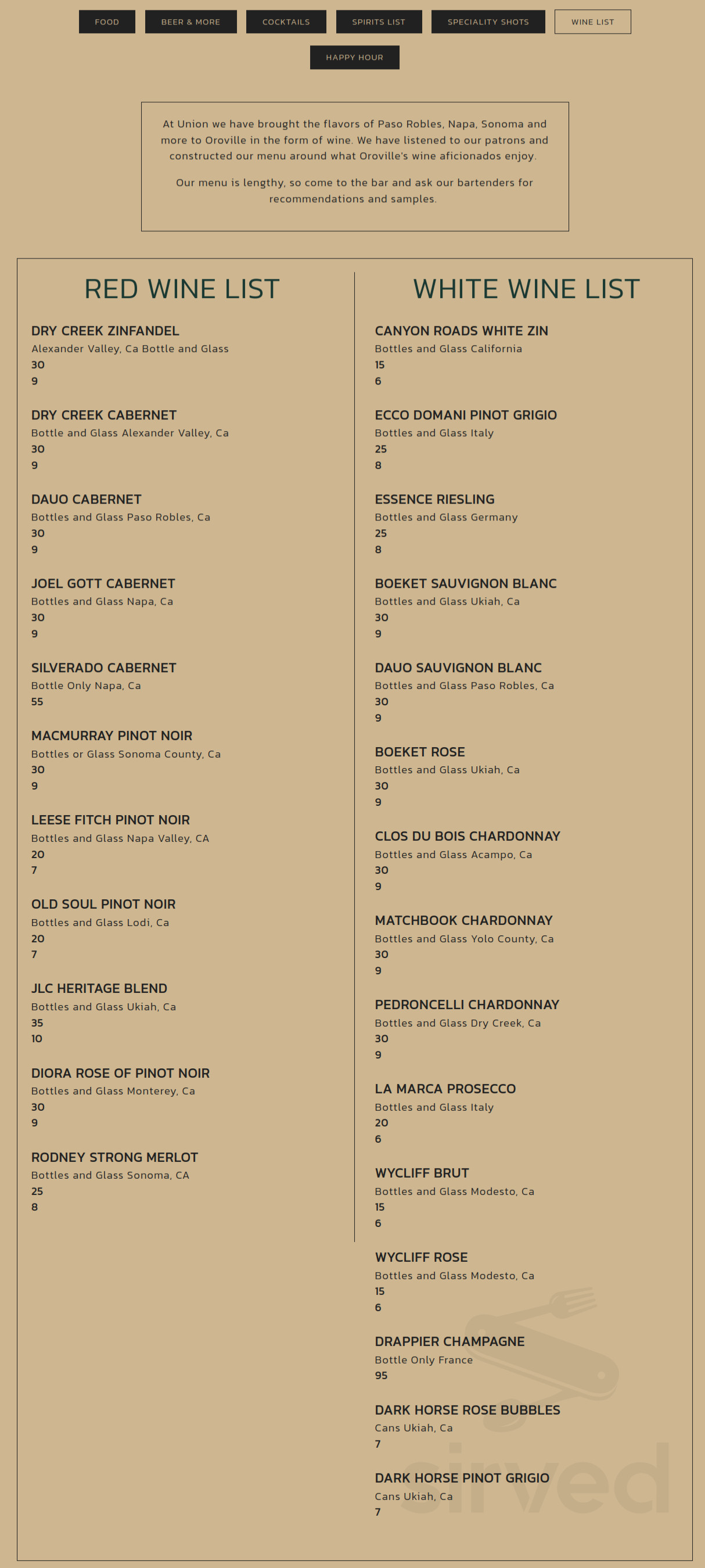 Menu for Union in Oroville, CA | Sirved
