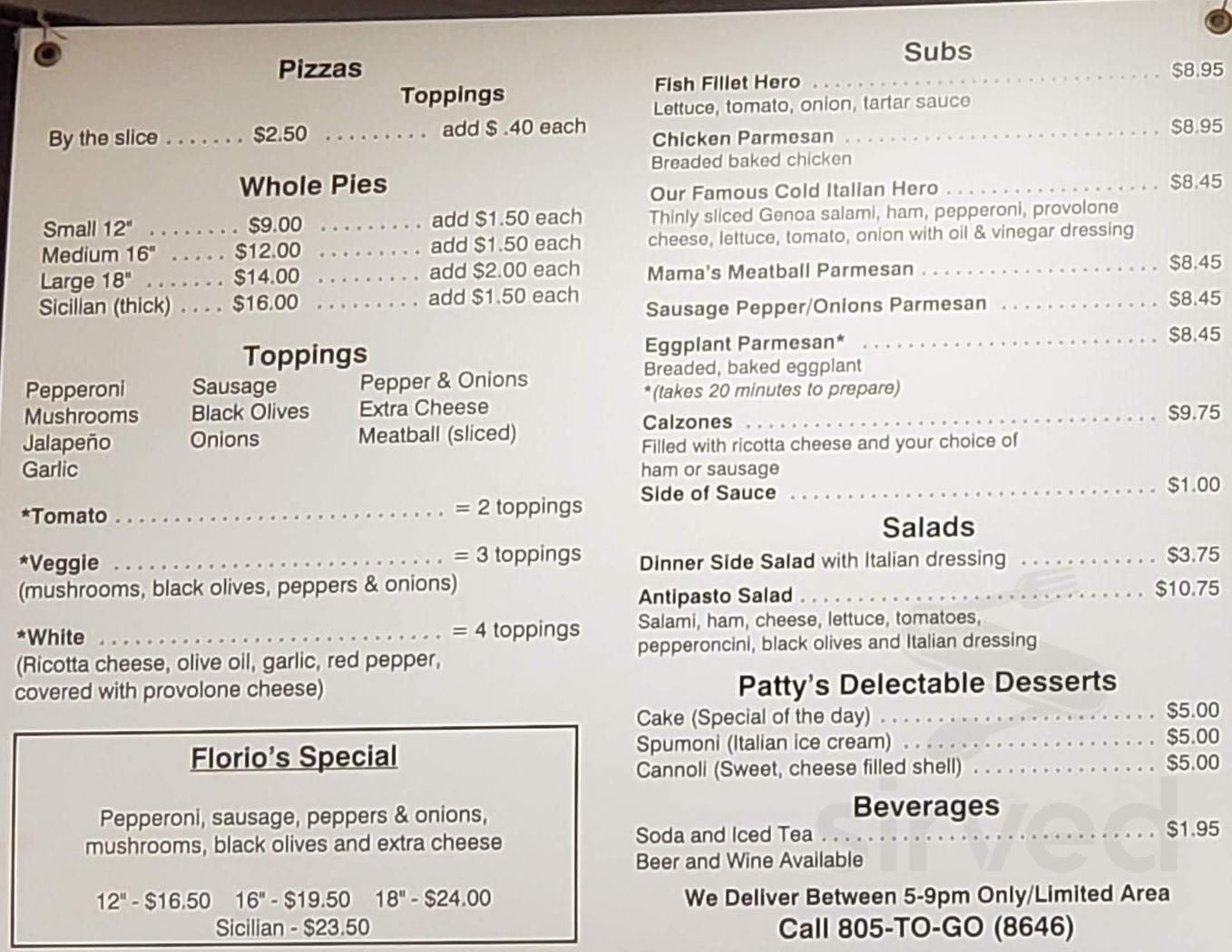Menu for Florio's Pizza Inc, in San Antonio, TX | Sirved