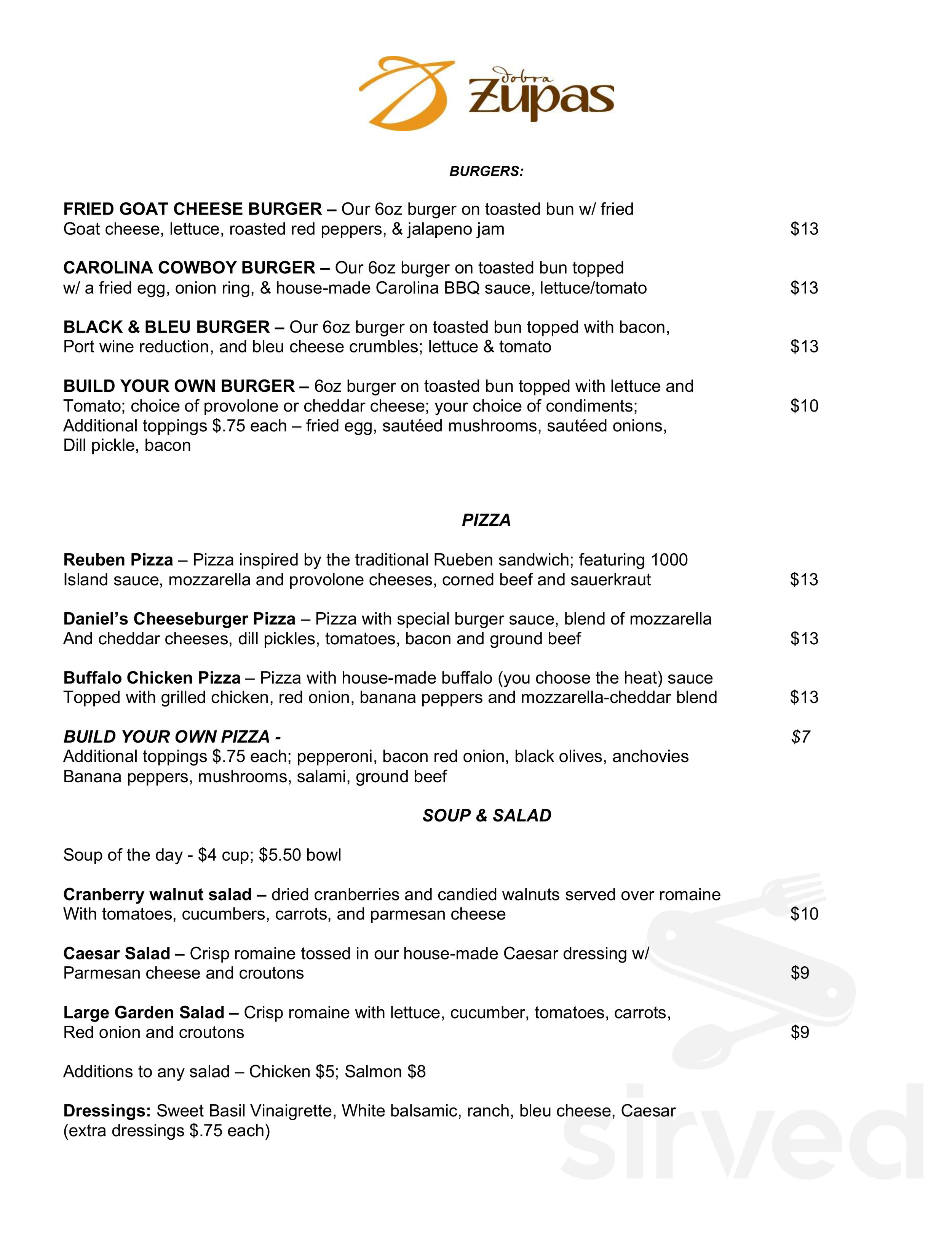 Menu - Beckley WV's Dobra Zupas | Sirved