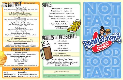 Boomarang Diner menu in Muskogee, Oklahoma, USA