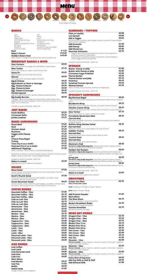 Big Daddy Bagels menu in Golden, Colorado, USA