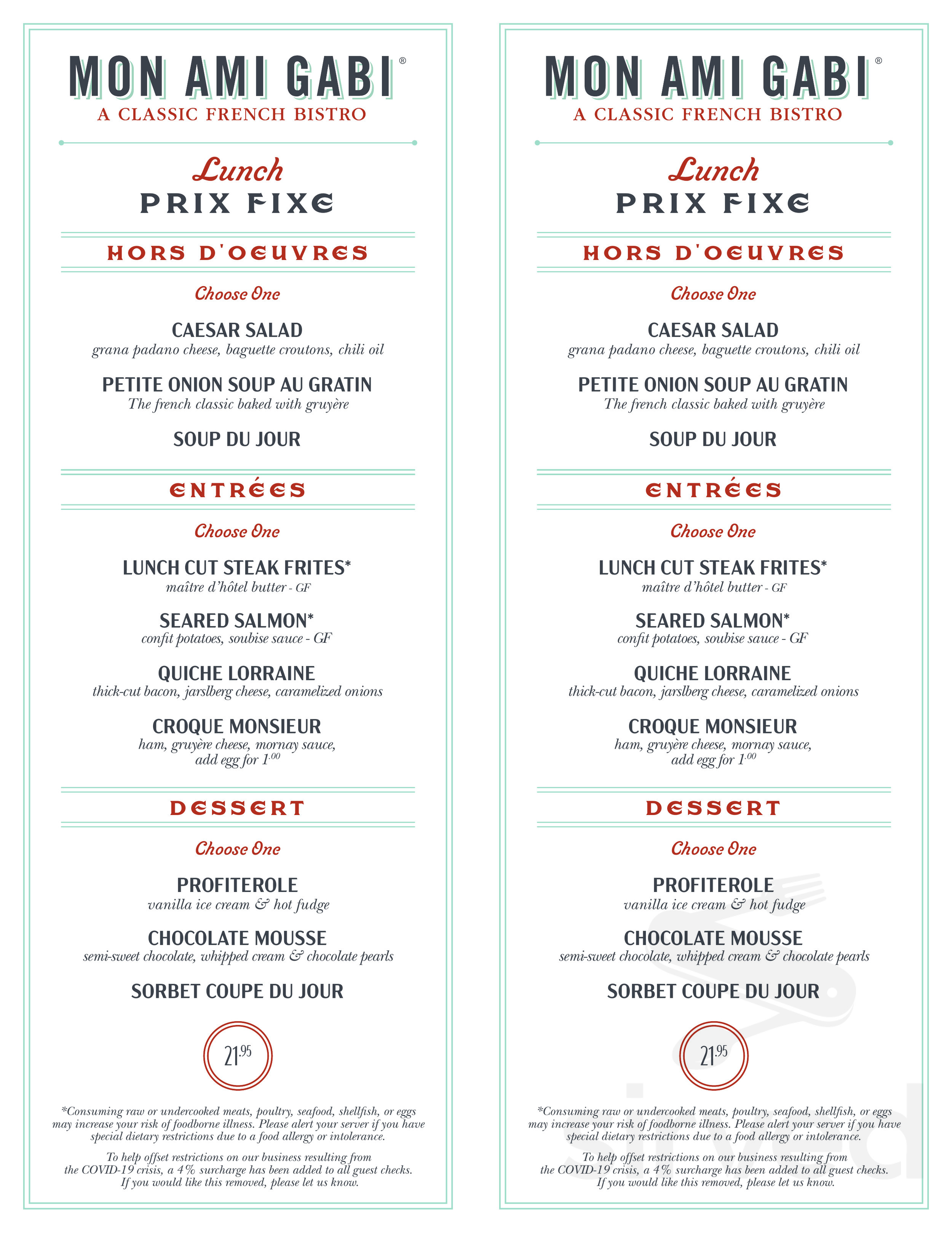 Mon Ami Gabi menu in Oak Brook, Illinois, USA