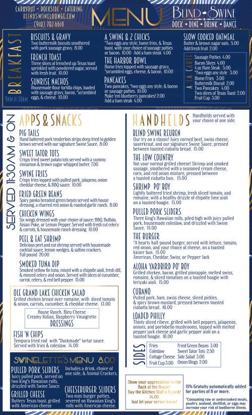 Blind Swine on Duck Creek menu in Afton, Oklahoma, USA