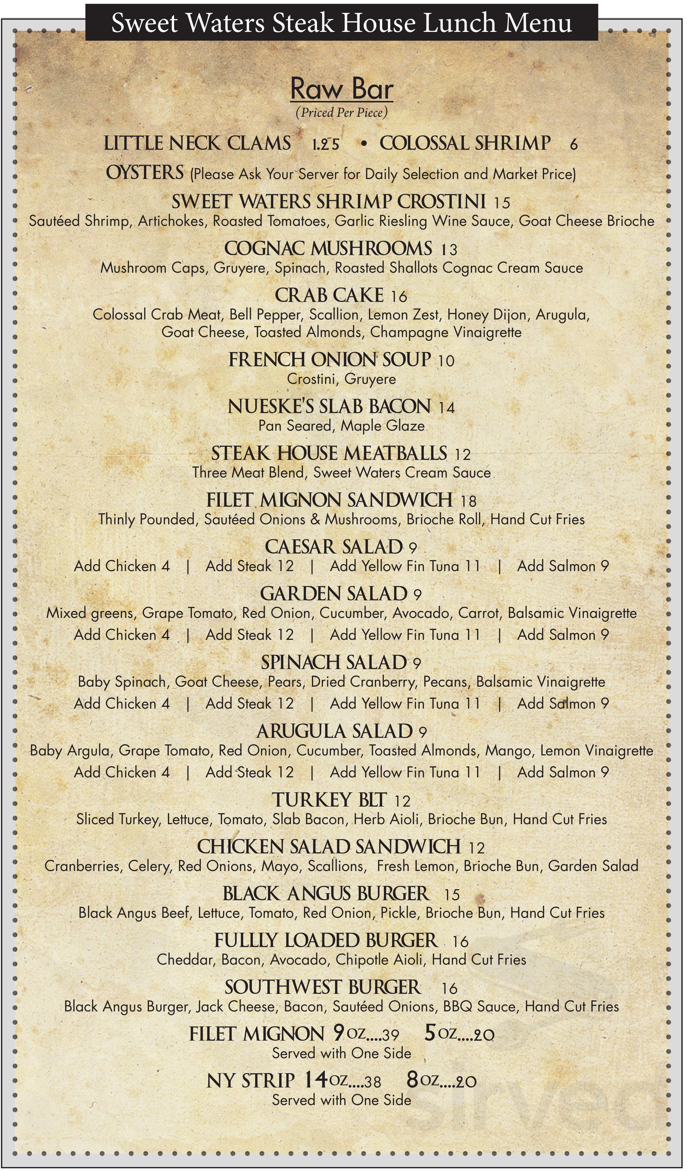 Sweet Waters Steakhouse menu in Westfield, New Jersey, USA