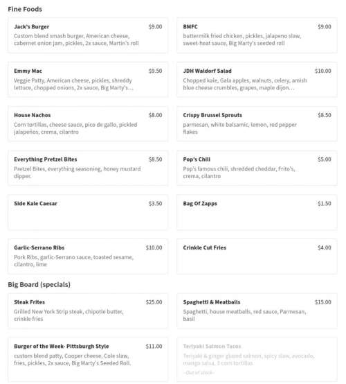 Jack's Draft House menu in Scranton, Pennsylvania, USA