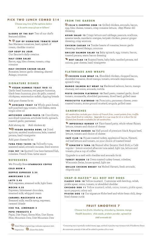 Café at the Pfister menu in Milwaukee, Wisconsin, USA