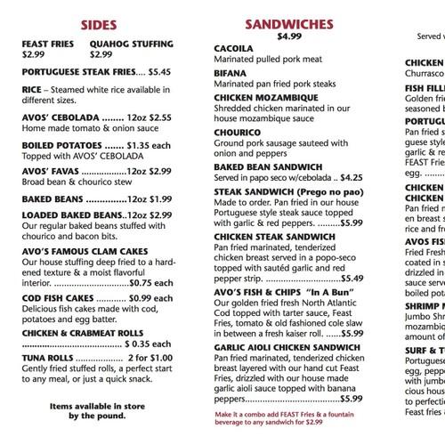 Avo's Feast menu in Fall River, Massachusetts, USA