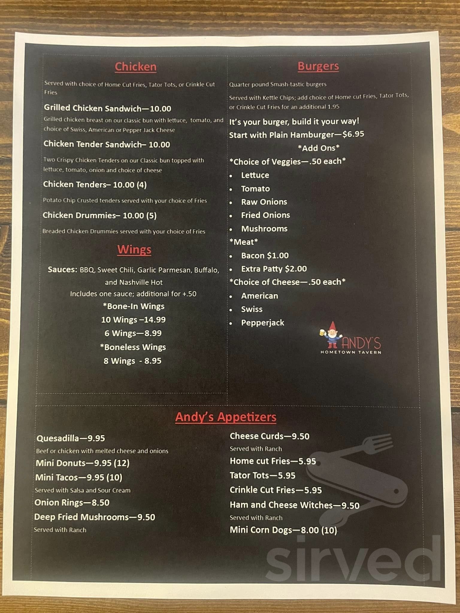 Andy's Hometown Tavern menu in Eden Valley, Minnesota, USA