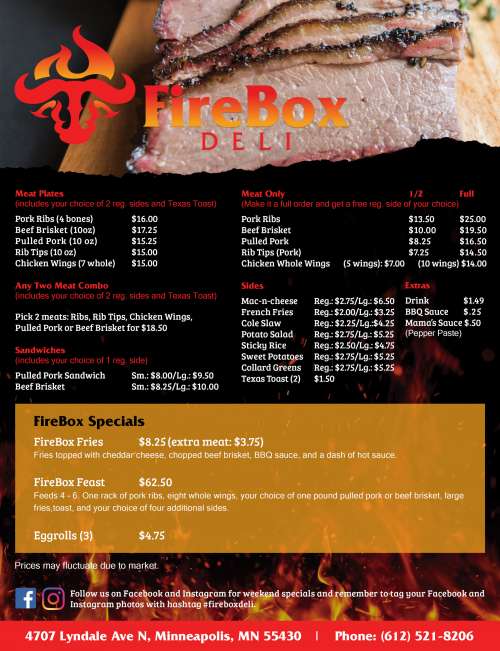 FireBox menu in St Paul, Minnesota, USA