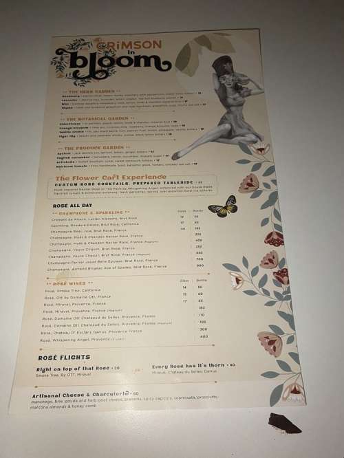 Crimson menu in Las Vegas, Nevada, USA