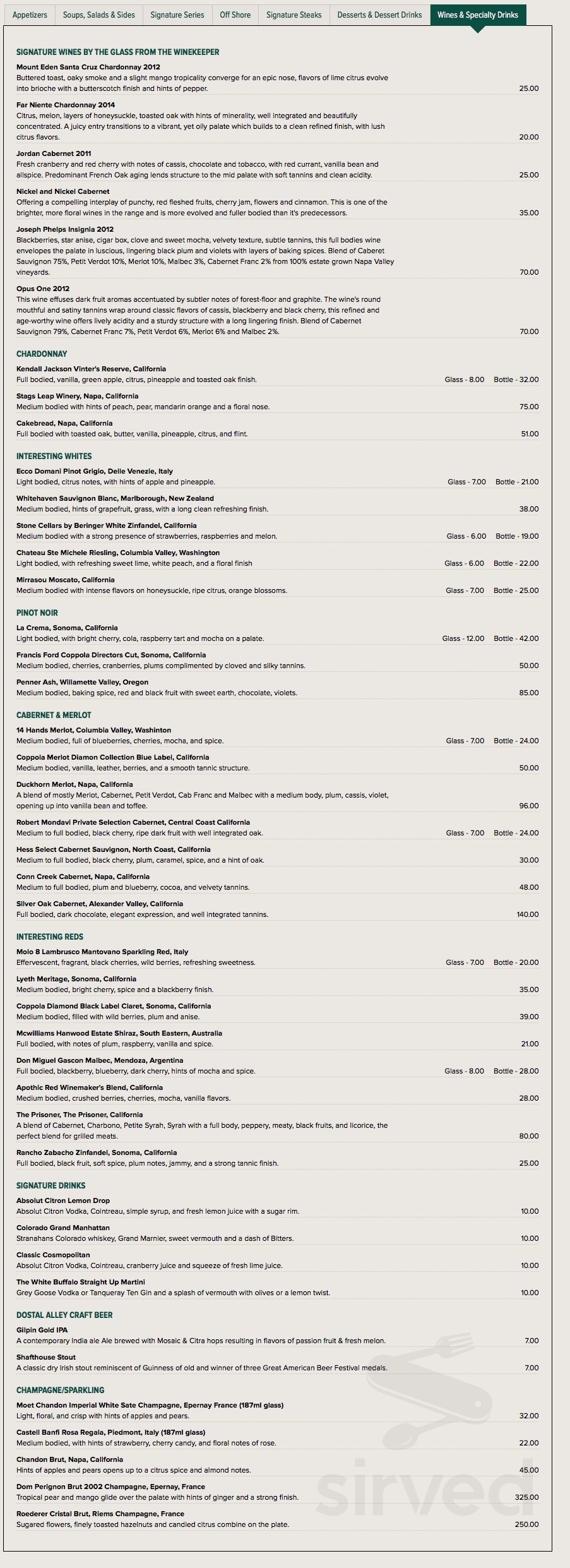 White Buffalo Grille @ The Lodge Casino (Must be 21+) menu in Black ...