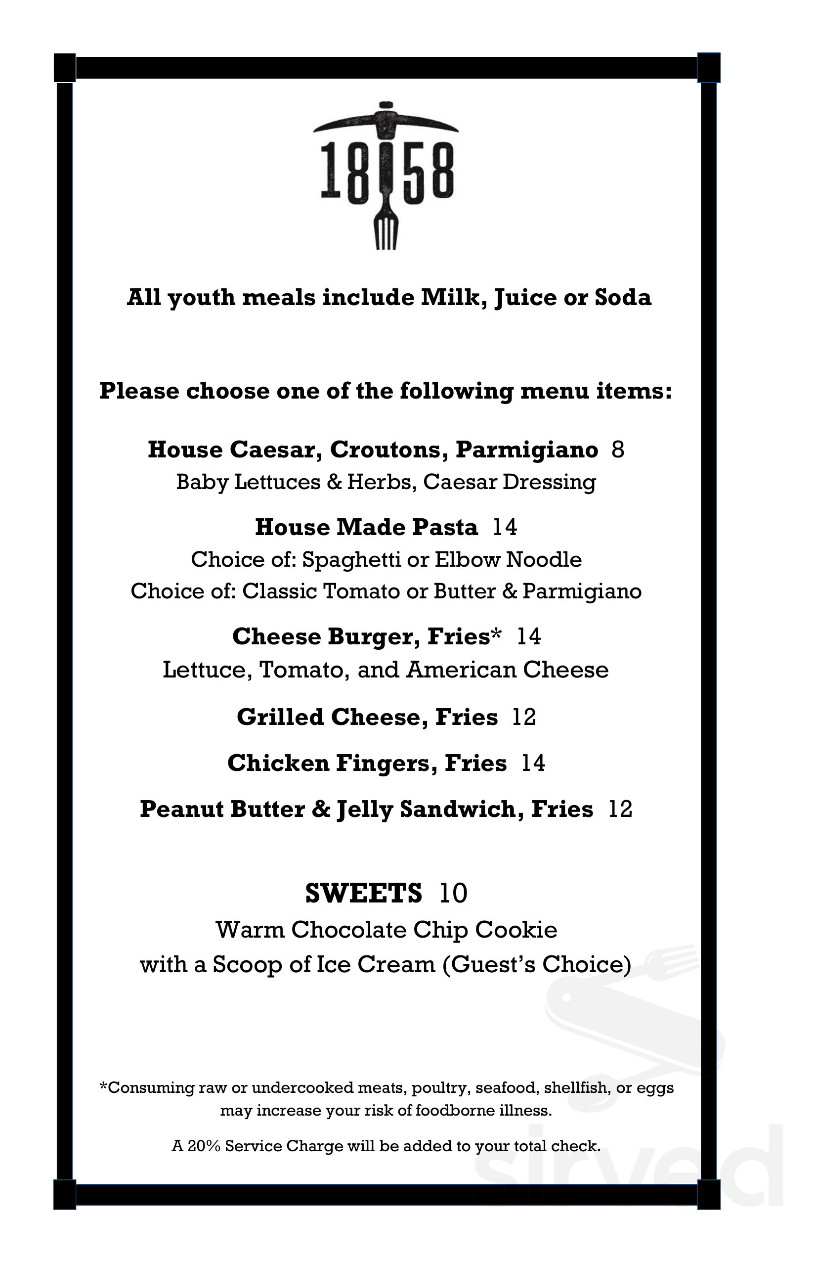 Restaurant 1858 menu in Colorado Springs, Colorado, USA