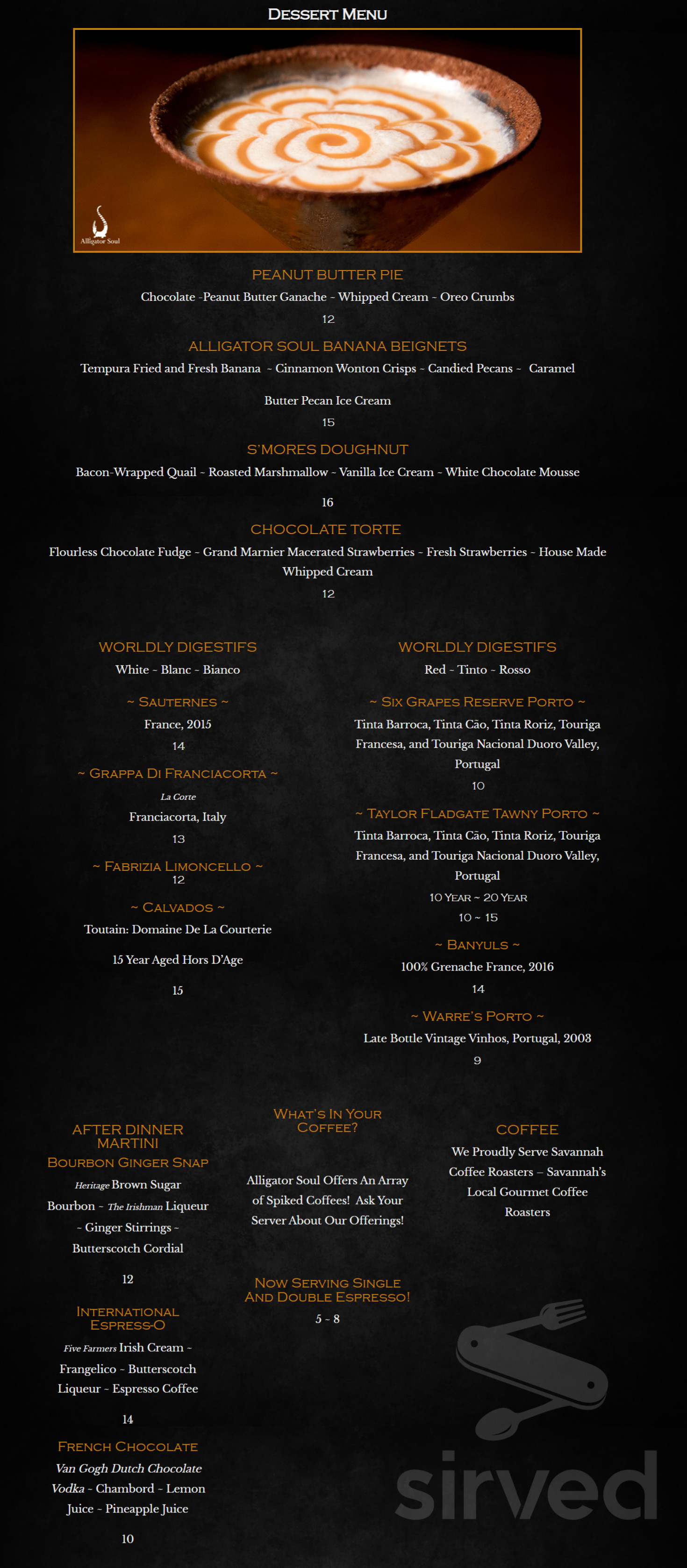 Alligator Soul Restaurant menu in Savannah, Georgia, USA