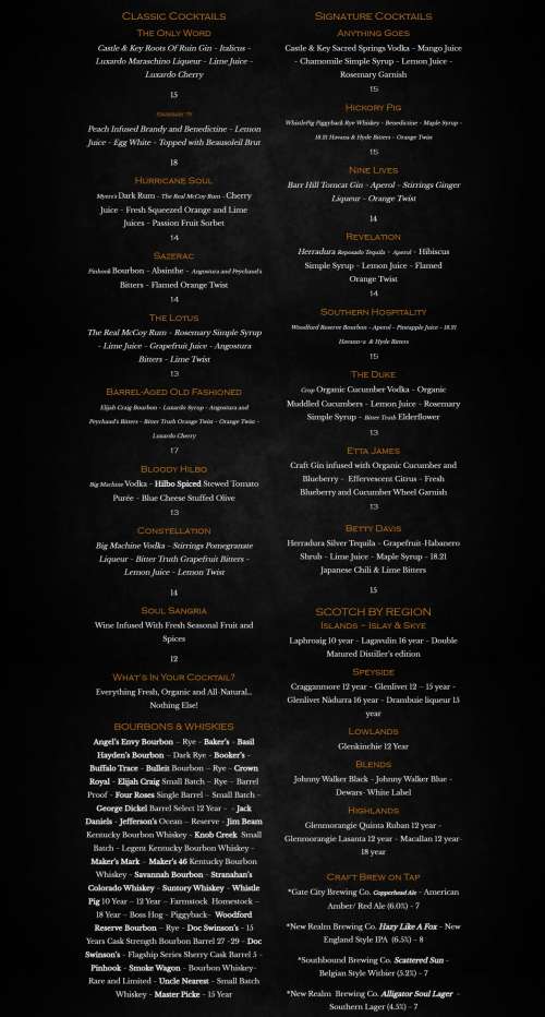 Alligator Soul Restaurant menu in Savannah, Georgia, USA