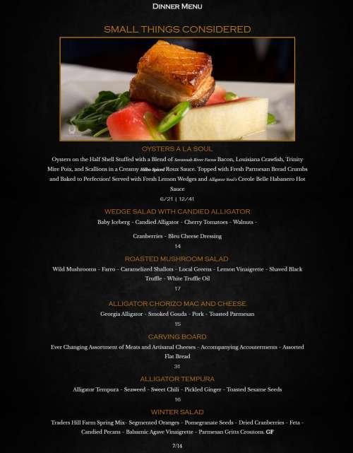 Alligator Soul Restaurant menu in Savannah, Georgia, USA