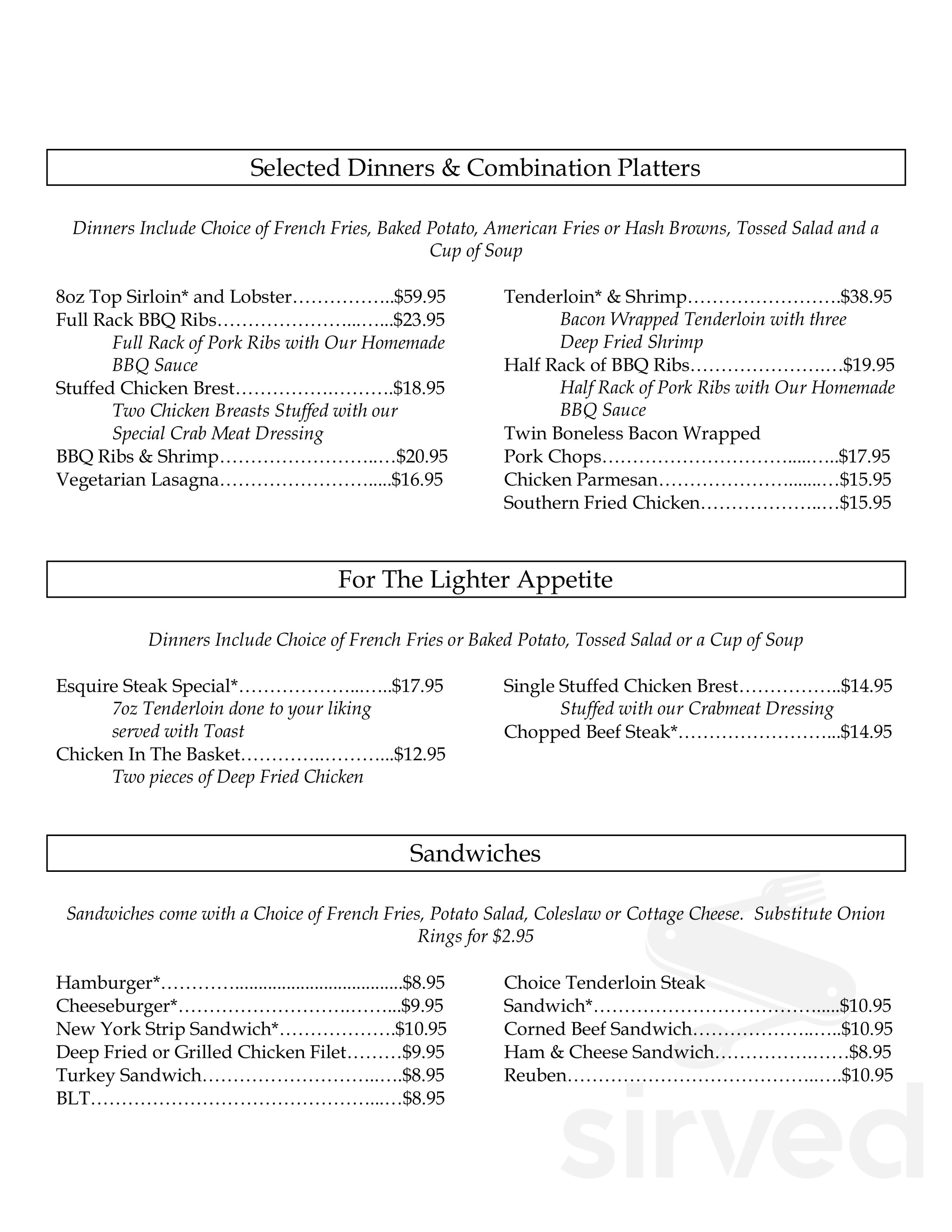 Kavanaugh's Esquire Club menu in Madison, Wisconsin, USA