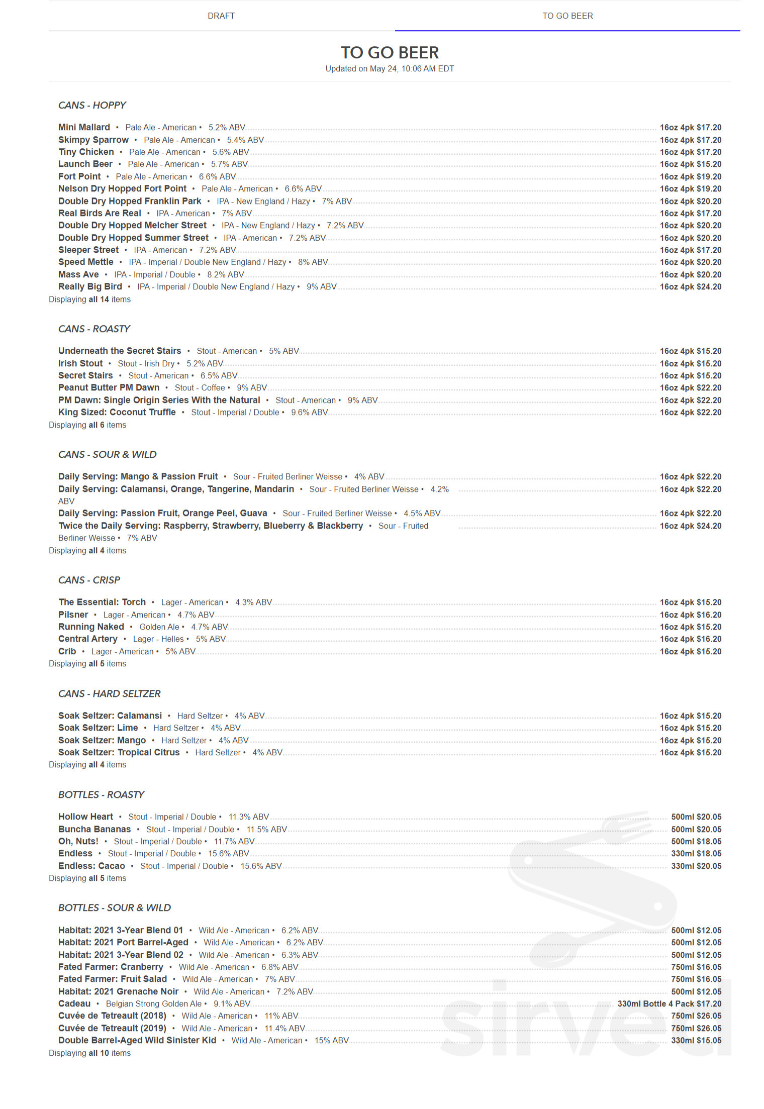 Trillium Brewing Company menu in Boston, Massachusetts, USA