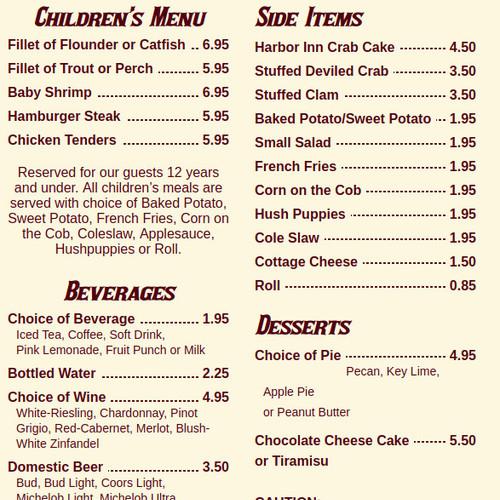 Harbor Inn Seafood menu in Roanoke, Virginia, USA