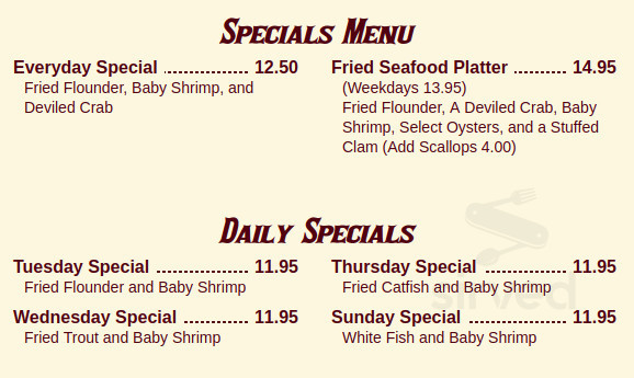 Harbor Inn Seafood menu in Roanoke, Virginia, USA