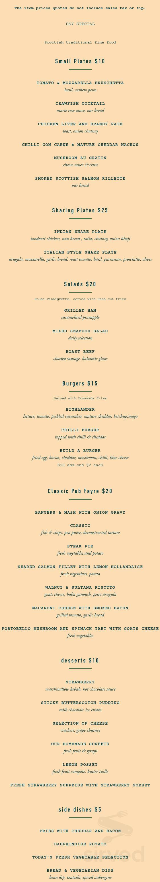 Highlander Scottish Pub menu in Collierville, Tennessee, USA