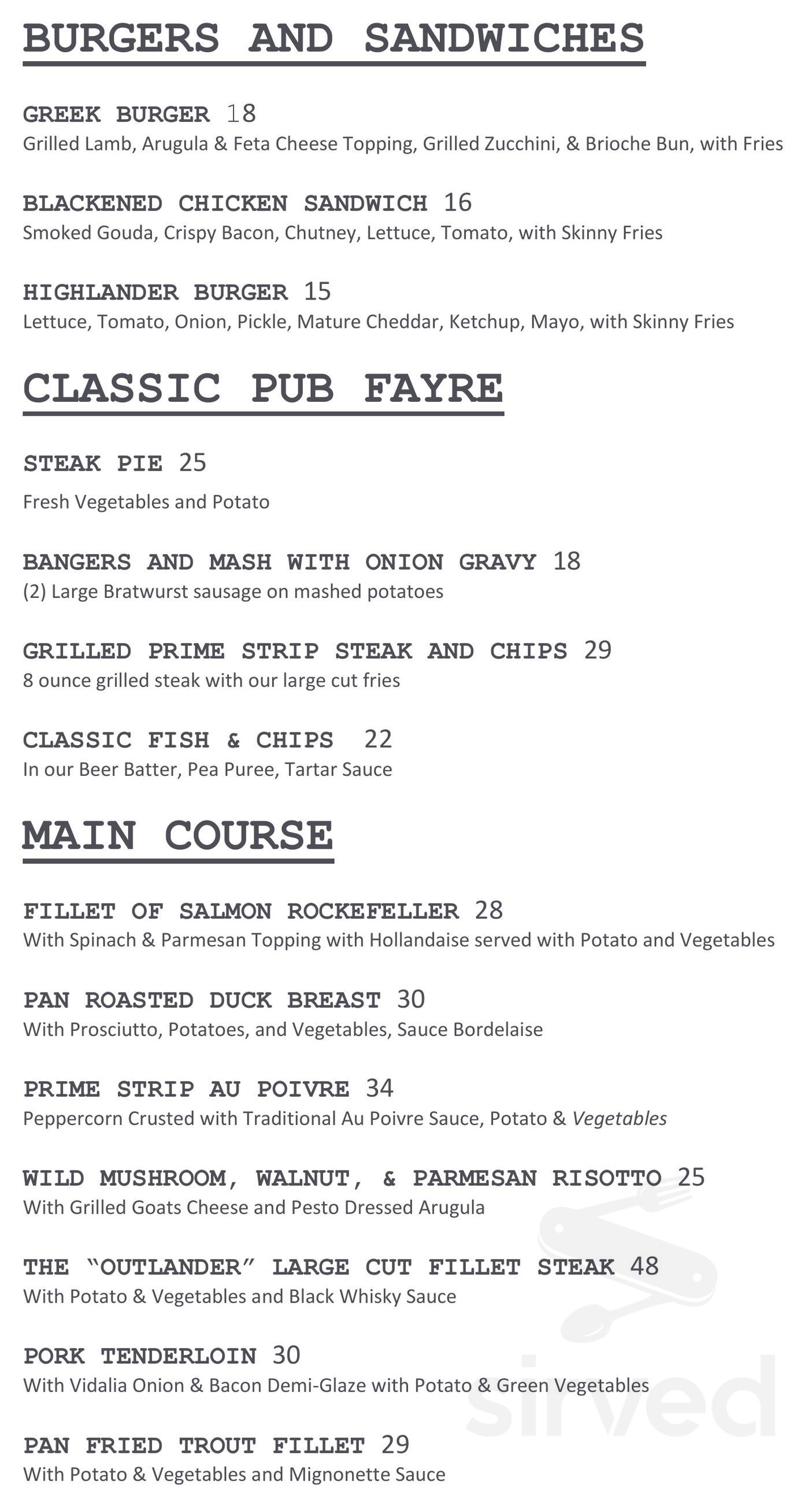 Highlander Scottish Pub menu in Collierville, Tennessee, USA