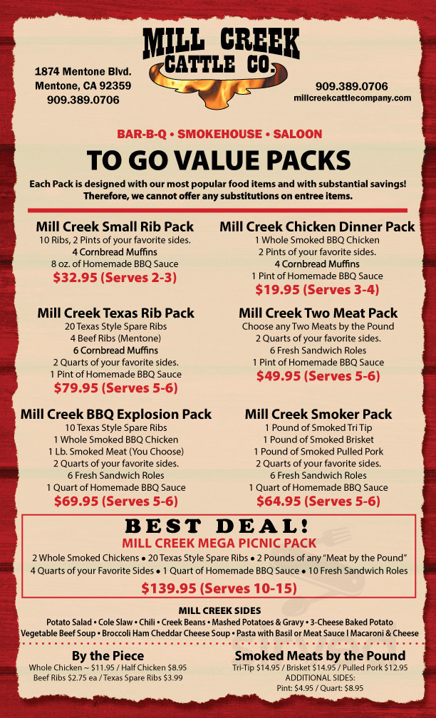 Mill Creek Cattle Company menu in Mentone, California, USA