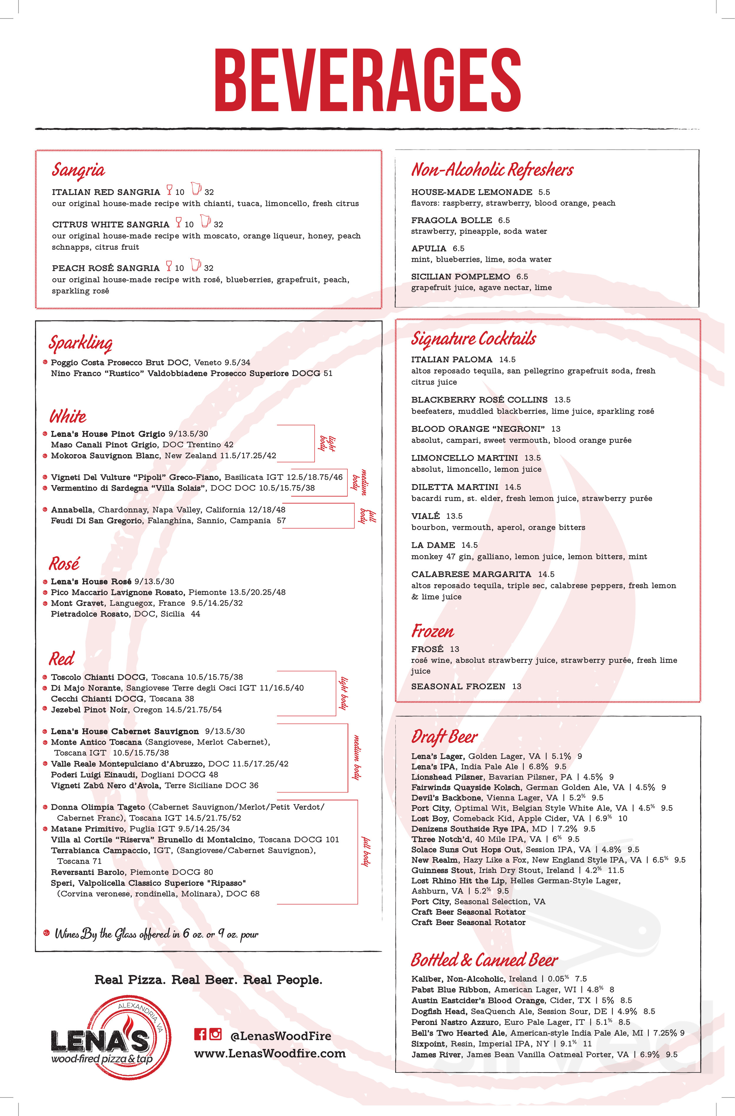 Lena's Wood-Fired Pizza & Tap menu in Alexandria, Virginia, USA