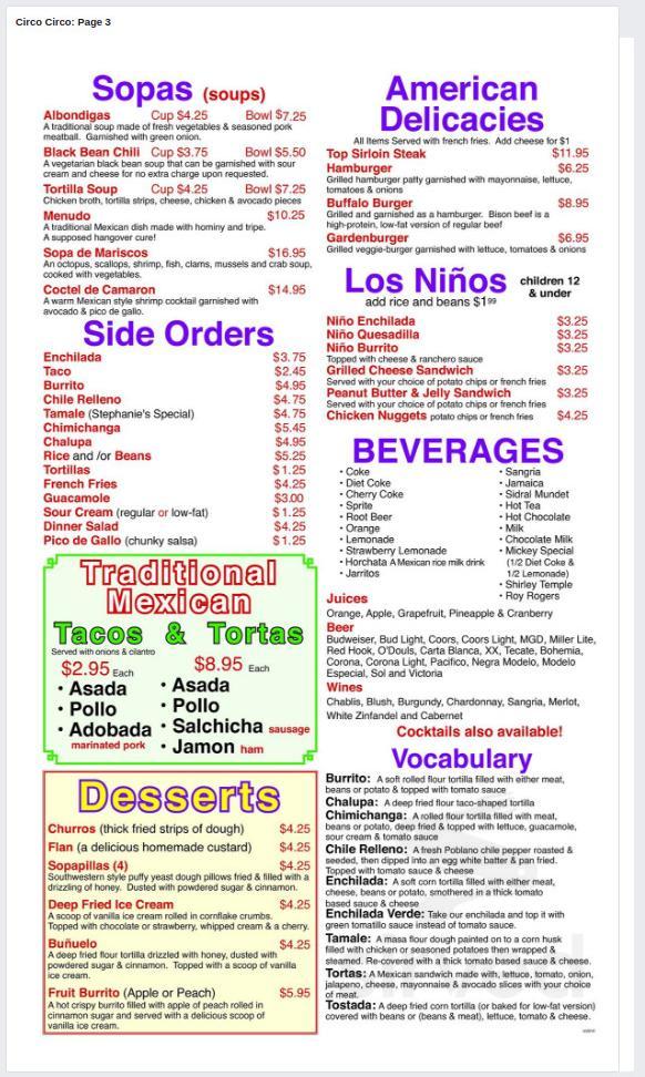 Menu - Kent WA's Circo Circo! | Sirved