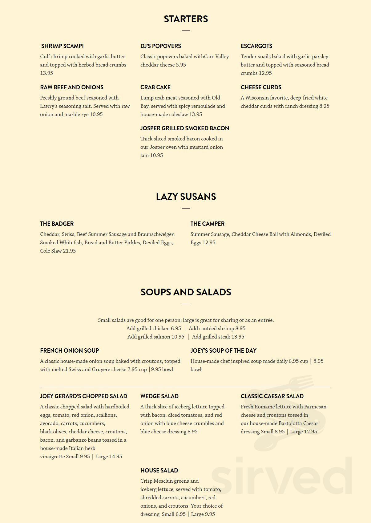 Joey Gerard's - A Bartolotta Supper Club menu in Greendale, Wisconsin, USA