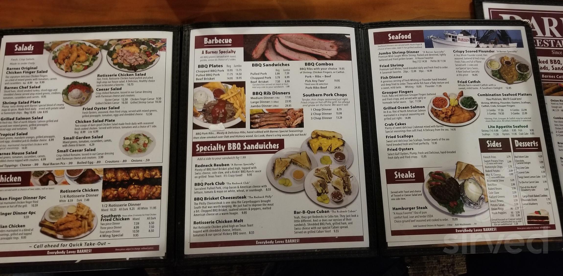 Barnes Restaurant menu in Savannah, Georgia, USA