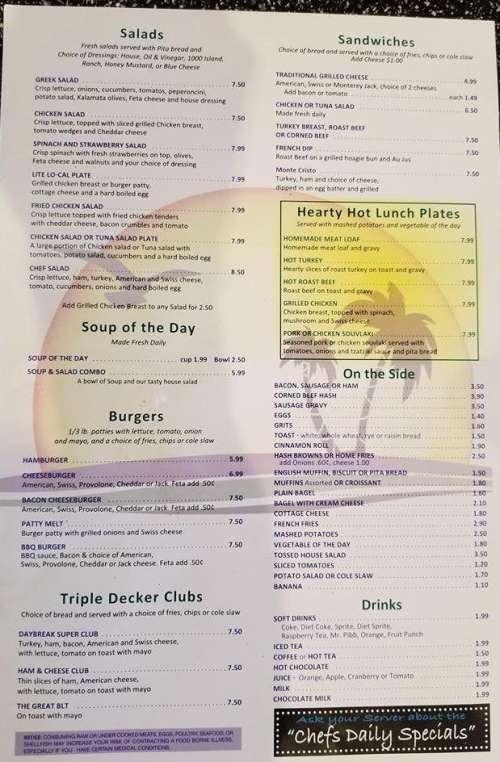 Daybreak Cafe menu in Tarpon Springs, Florida, USA