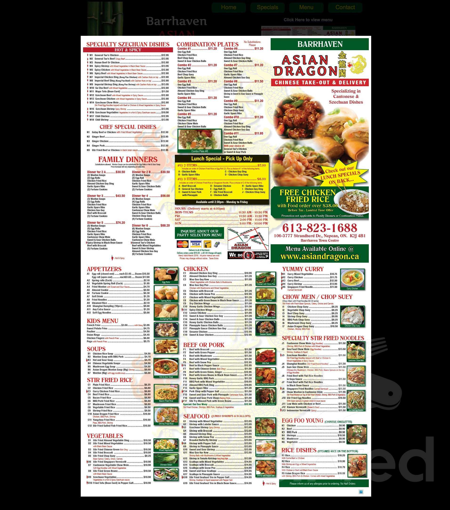 Barrhaven Asian Dragon Chinese Food menu in Nepean, Ontario, Canada