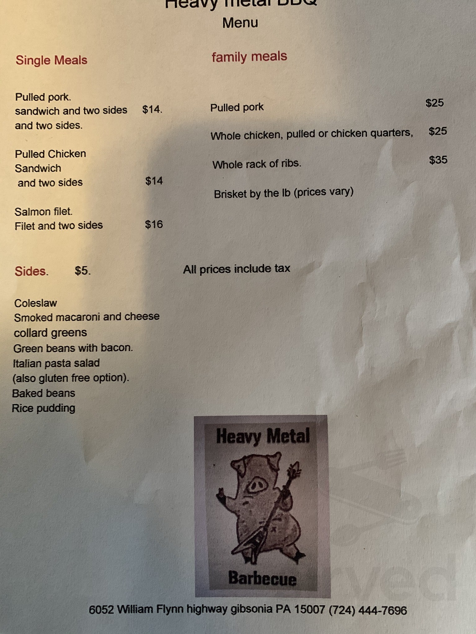 Menu - Bakerstown PA's Heavy metal barbecue | Sirved
