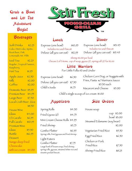 Stir Fresh Mongolian Grill menu in San Diego, California, USA