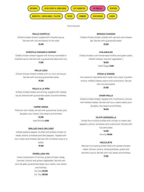 Ay Wey Mexican Kitchen + Tequila menu in Dunn, North Carolina, USA