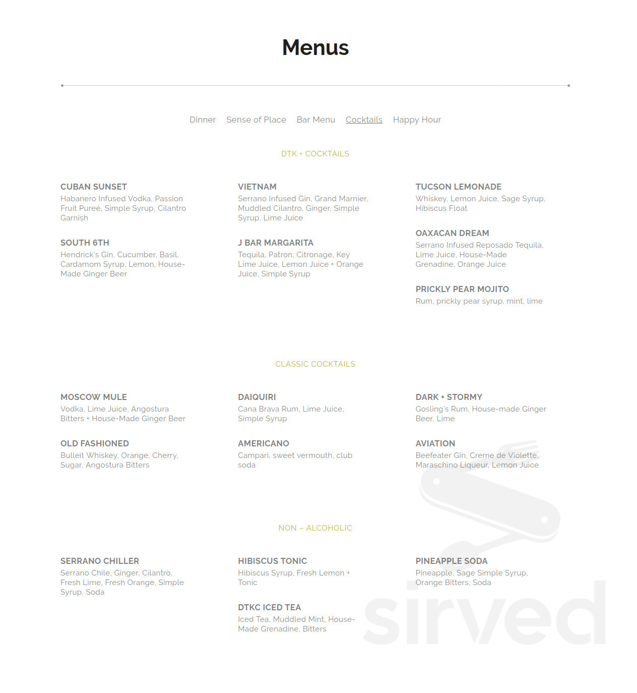 Menu - Tucson AZ's DOWNTOWN Kitchen + Cocktails | Sirved