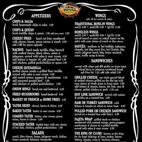 Max's Garage menu in Muskogee, Oklahoma, USA