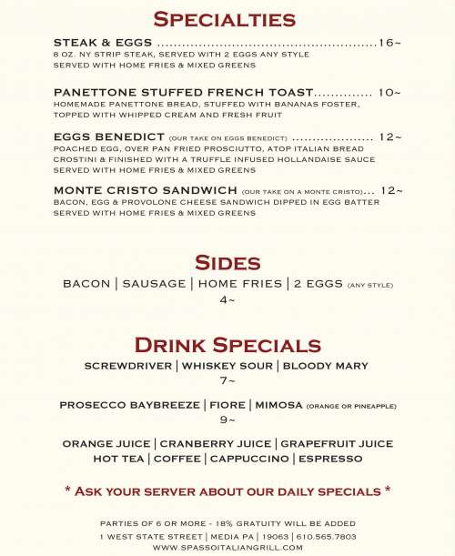 Spasso Italian Grill menu in Media, Pennsylvania, USA