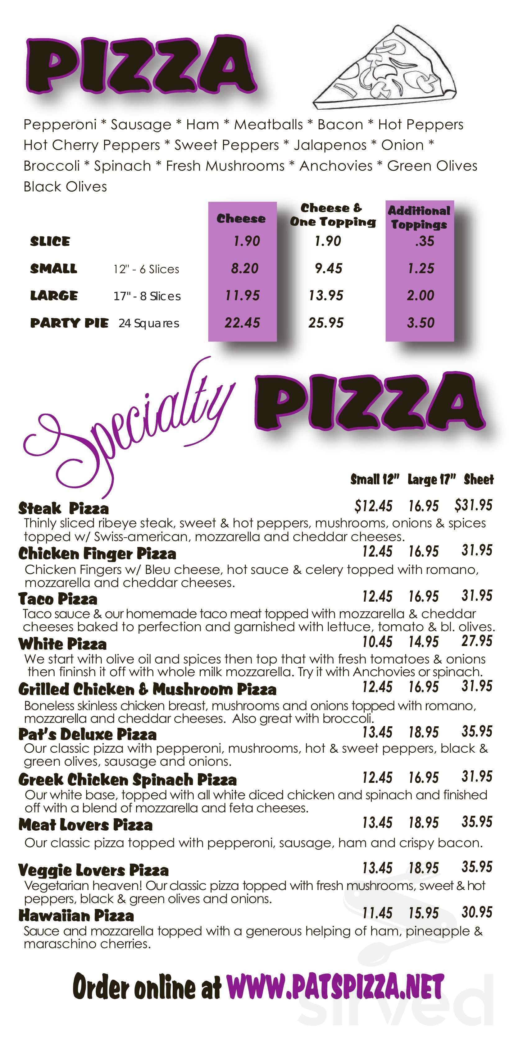 Pat's Pizzeria menu in Buffalo, New York, USA