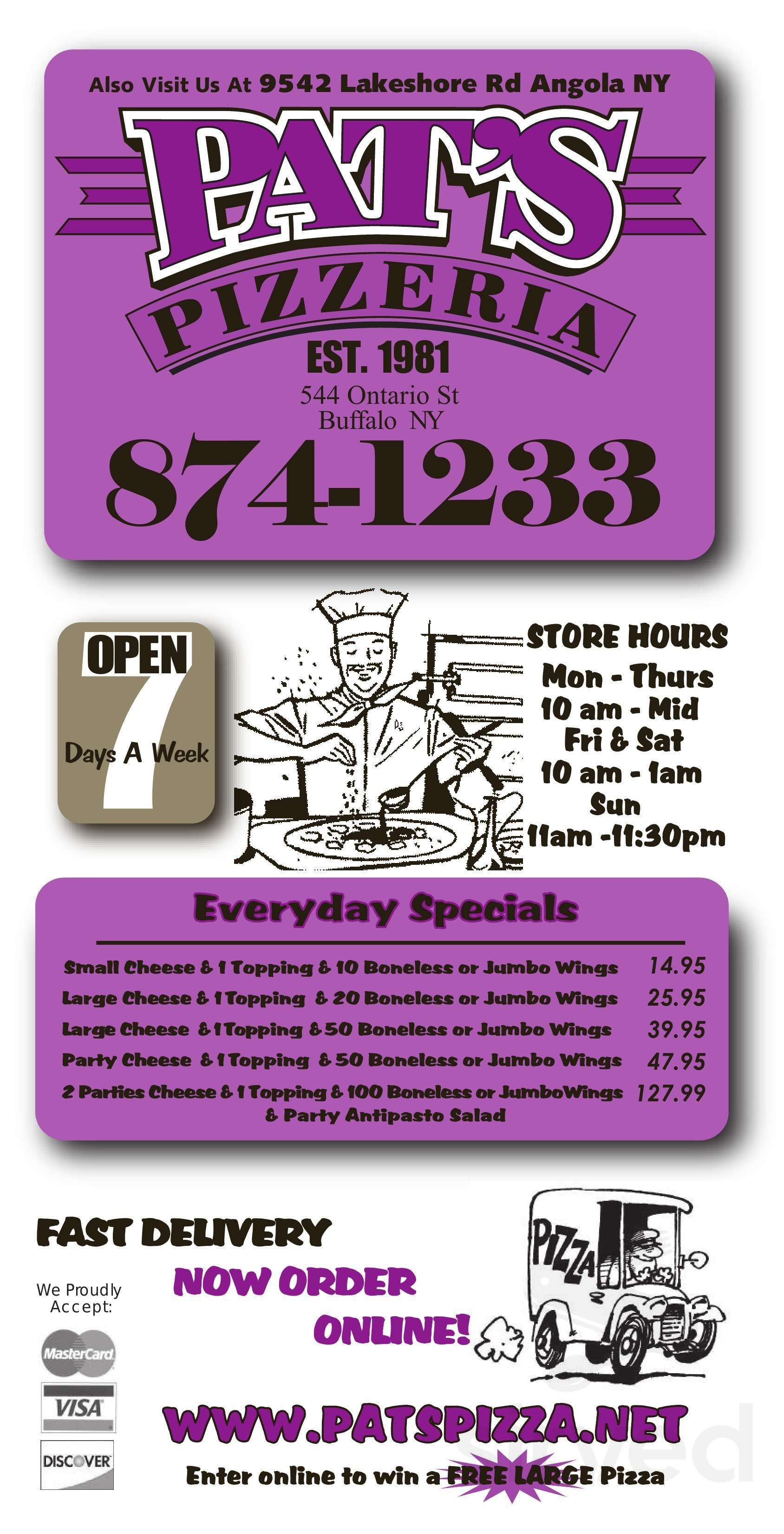 Pat's Pizzeria menu in Buffalo, New York, USA