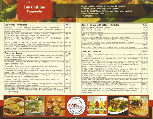 Chilitos Taberna menu in Calgary, Alberta, Canada