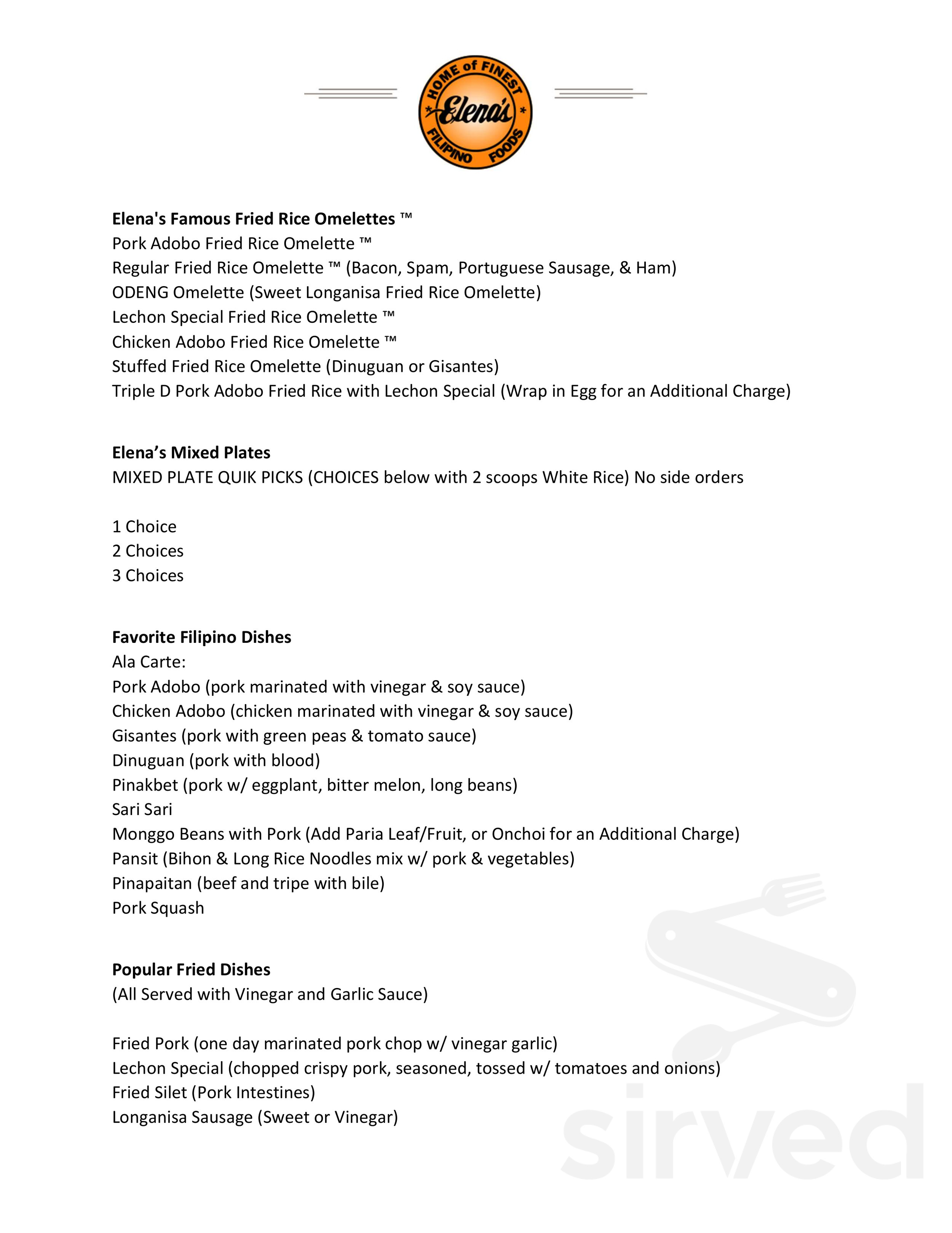 Menu for Elena's Restaurant in Waipahu, HI | Sirved